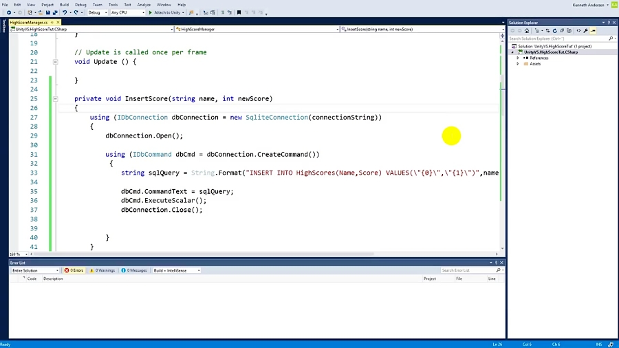 7. Unity tutorial: High score with SQLite - High Score calss