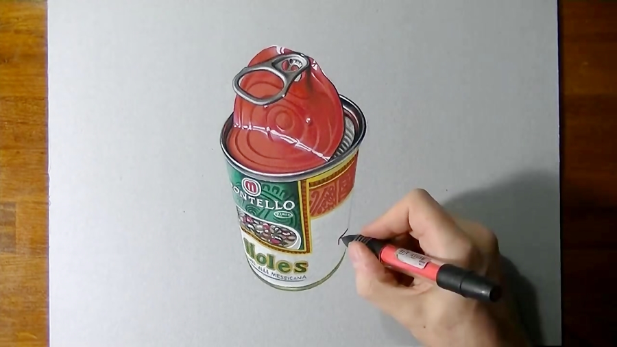 Hyperrealistc speed drawing of an empty can of beans