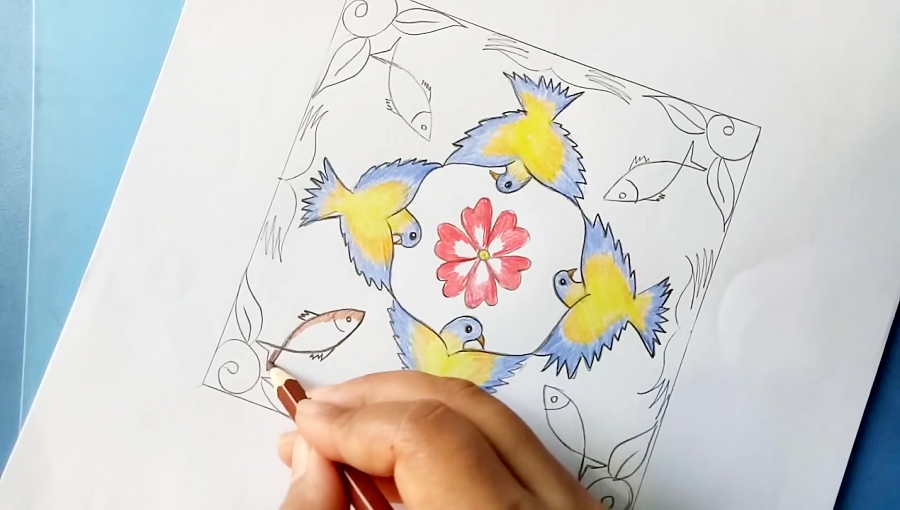 How to draw Naksha of fish, bird, flower leaf Step by step