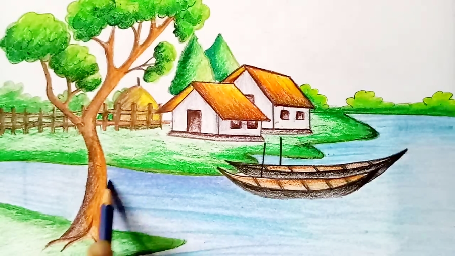 How to draw Riverside Village Scenery.Step by step(easy draw)
