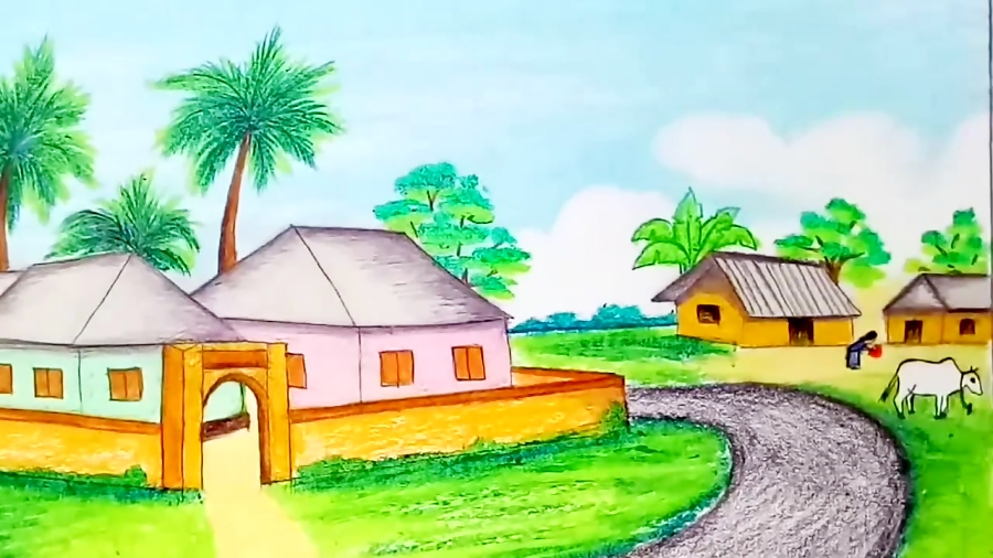 How to draw Village Scenery.Step by step(easy draw)