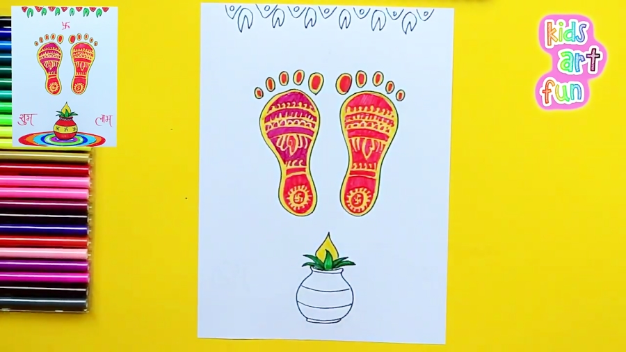 How to draw and color Shubh Labh with Kalash and Rangoli