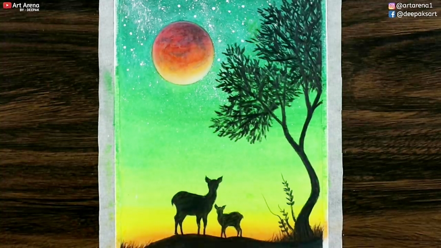 Green Sunset Deer Landscape Drawing with Oil Pastels - step by step