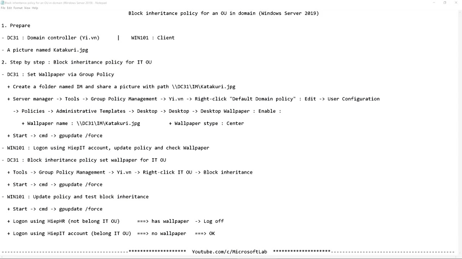 Block inheritance policy for an OU in domain (Windows Server 2019)
