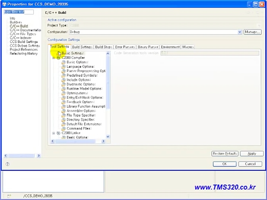 [SyncWorks] TI DSP TMS320F28335 -Build CCSv4 project -Part4 build Option Build