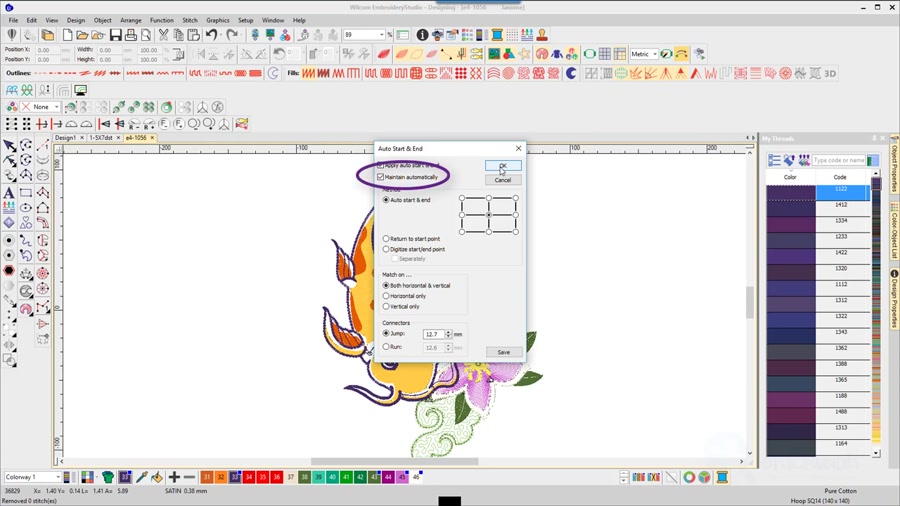 Auto Start End locations for an embroidery design in Wilcom software
