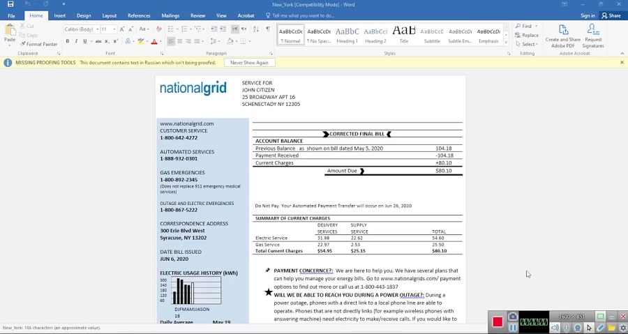 USA NEW YORK NATIONAL GRID UTILITY BILL TEMPLATE IN WORD AND PDF FORMAT