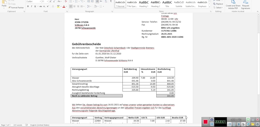 GERMANY WAVWASSER UTILITY BILL TEMPLATE IN WORD AND PDF FORMAT