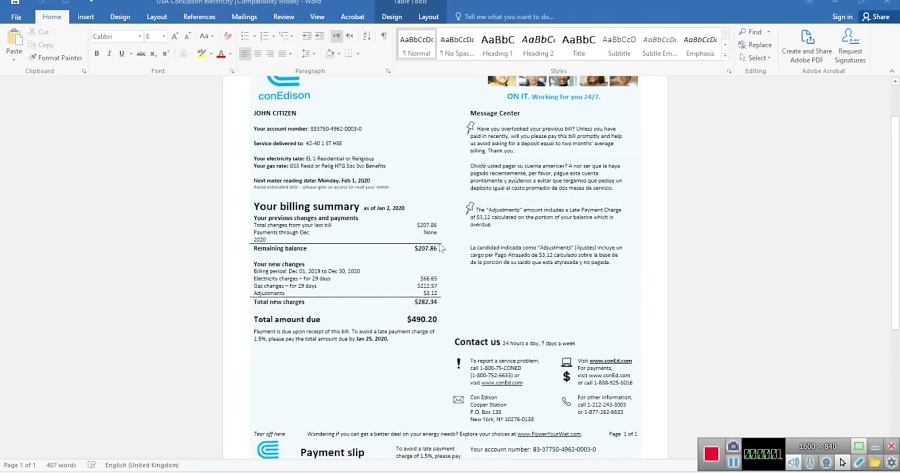 USA CON EDISON ELECTRICITY UTILITY BILL TEMPLATE IN WORD AND PDF FORMAT