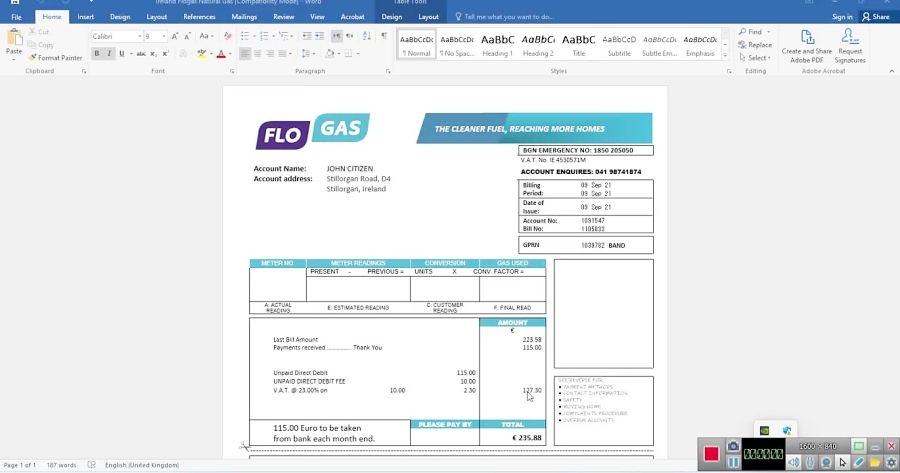 IRELAND FLOGAS NATURAL GAS UTILITY BILL TEMPLATE IN WORD AND PDF FORMAT