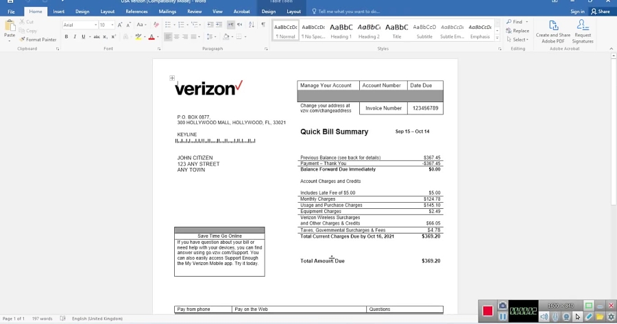 USA VERIZON UTILITY BILL TEMPLATE IN WORD FORMAT, FULLY EDITABLE, VERSION 2