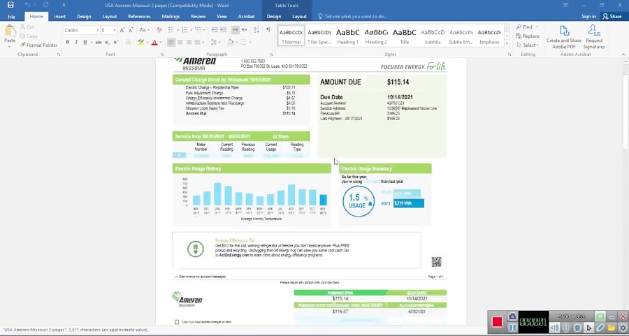 USA AMEREN MISSOURI ELECTRICITY UTILITY BILL TEMPLATE