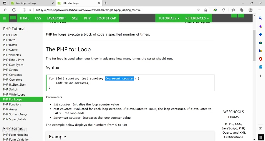 حلقه for در JavaScript و PHP