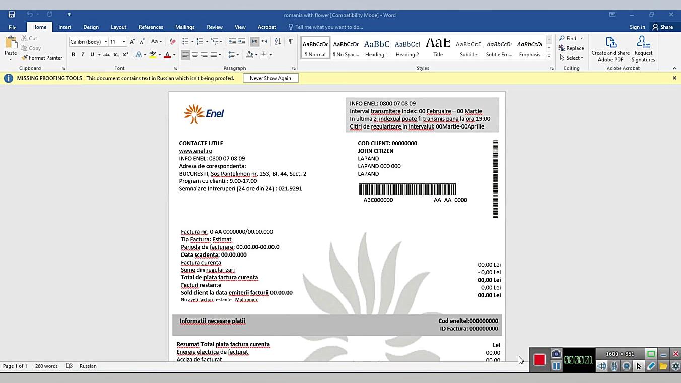 ROMANIA ENEL ELECTRICITY PROOF OF ADDRESS UTILITY BILL TEMPLATE