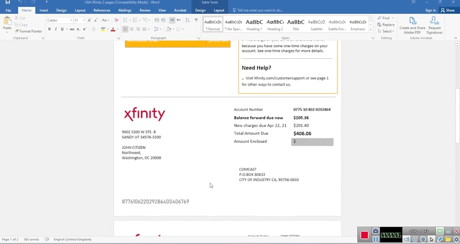 USA SAN FRANCISCO XFINITY COMCAST UTILITY BILL TEMPLATE