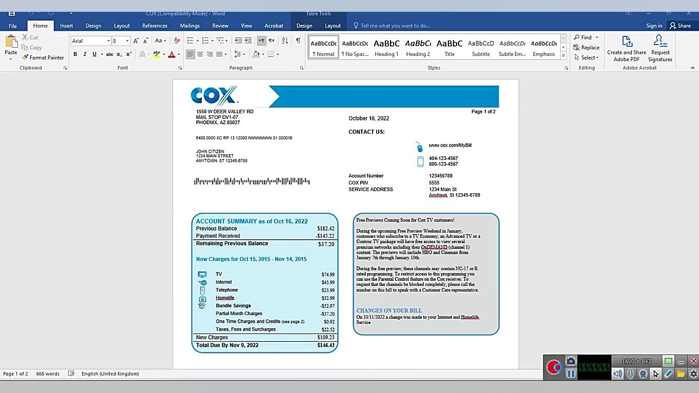 USA COX UTILITY BILL TEMPLATE IN WORD AND PDF FORMAT