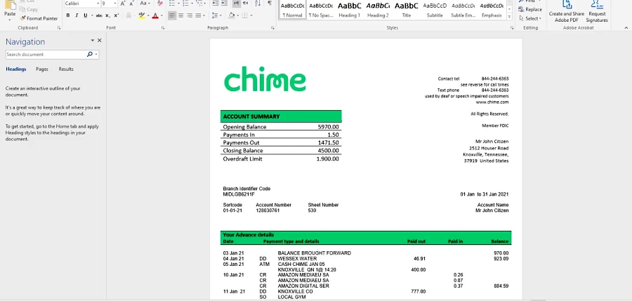 USA SAN FRANCISCO CHIME BANK STATEMENT TEMPLATE IN WORD AND PDF FORMAT