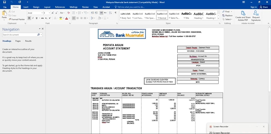 MALAYSIA BANK MUAMALAT BANK ACCOUNT STATEMENT, WORD AND PDF TEMPLATE