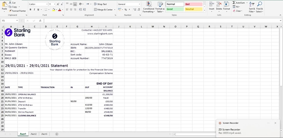 UNITED KINGDOM STARLING BANK STATEMENT TEMPLATE