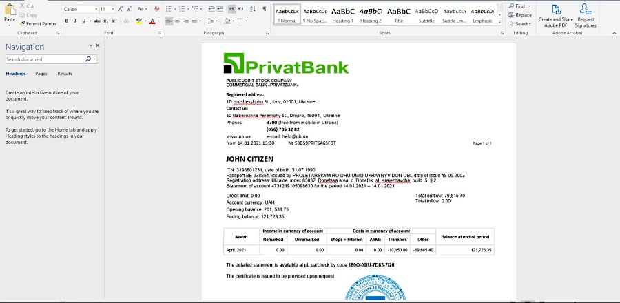 UKRAINE PRIVATBANK BANK STATEMENT TEMPLATE IN WORD AND PDF FORMAT