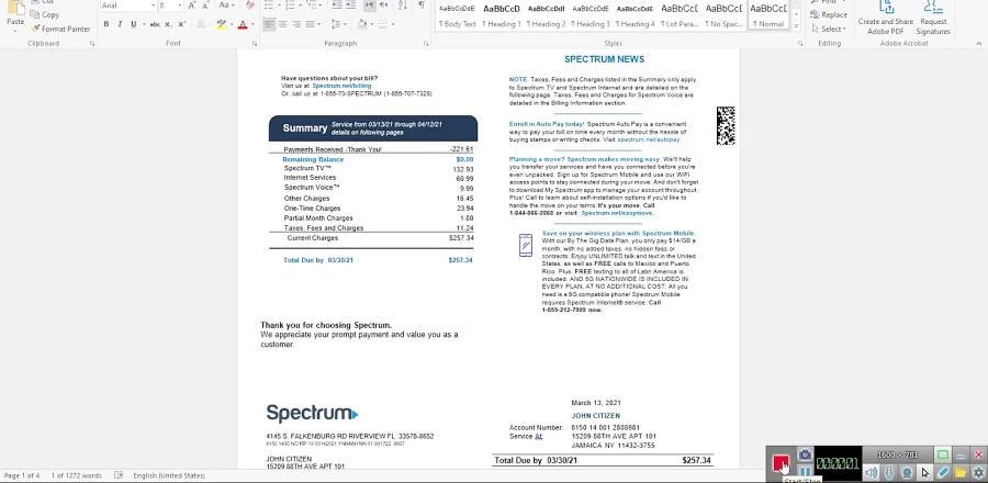 USA SPECTRUM UTILITY BILL TEMPLATE IN WORD AND PDF FORMAT (4 PAGES)