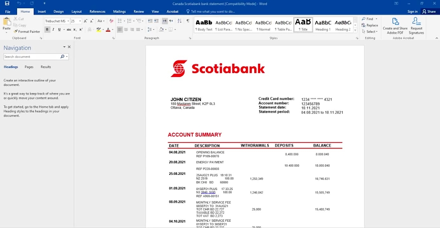 CANADA SCOTIABANK BANK STATEMENT TEMPLATE IN WORD AND PDF FORMAT