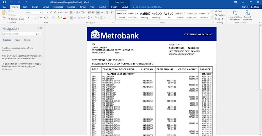UNITED KINGDOM METROBANK BANK STATEMENT IN WORD AND PDF FORMAT