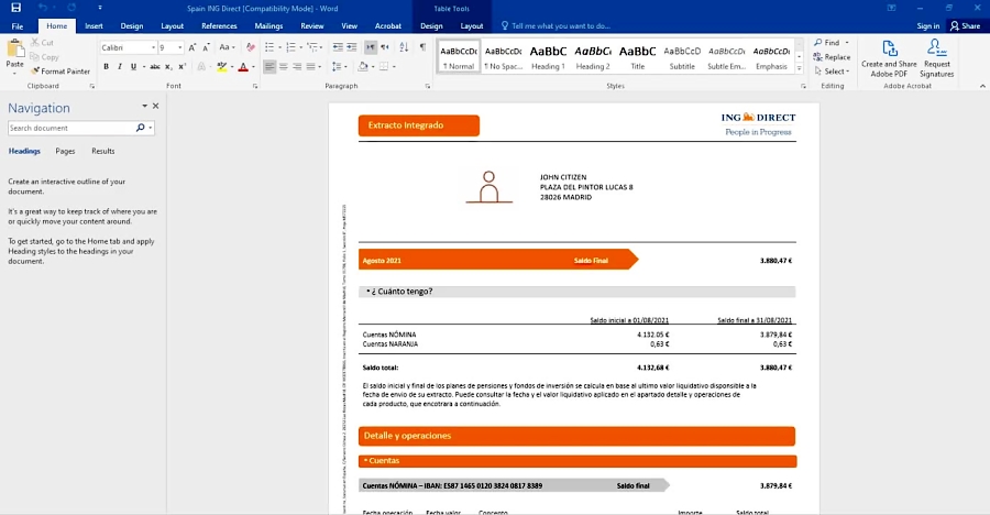 SPAIN ING DIRECT BANK STATEMENT TEMPLATE IN WORD AND PDF FORMAT, 3 PAGES