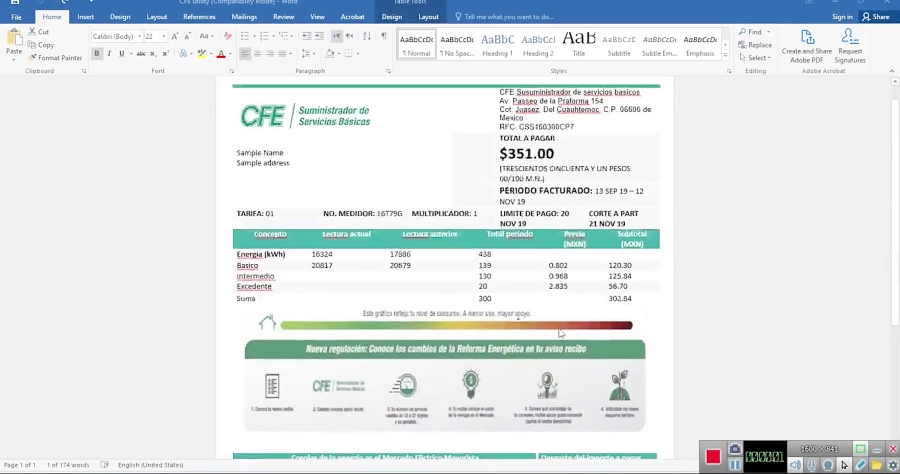 MEXICO ELECTRICITY CFE UTILITY BILL TEMPLATE