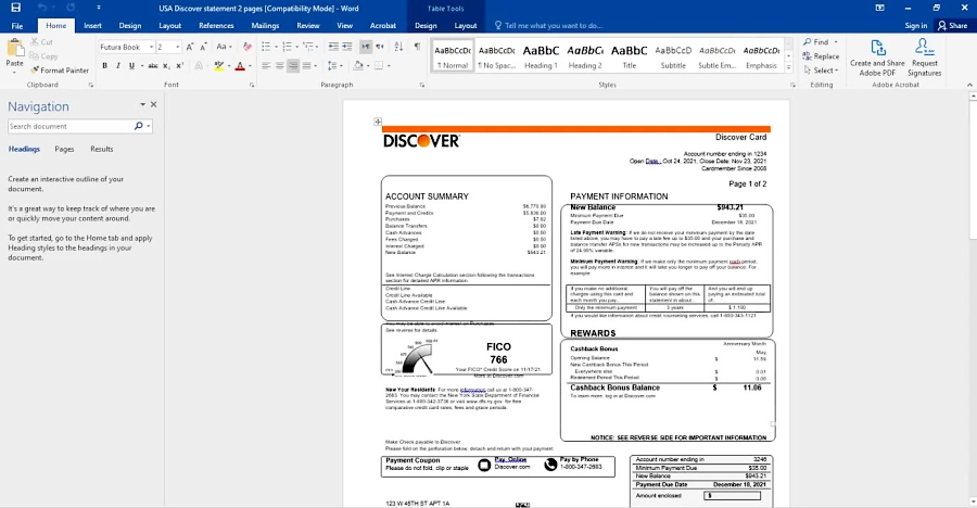 USA DISCOVER BANK CREDIT CARD STATEMENT TEMPLATE