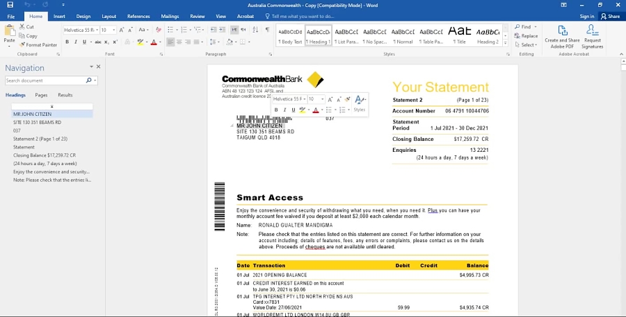AUSTRALIA COMMONWEALTH BANK STATEMENT TEMPLATE IN WORD AND PDF FORMAT