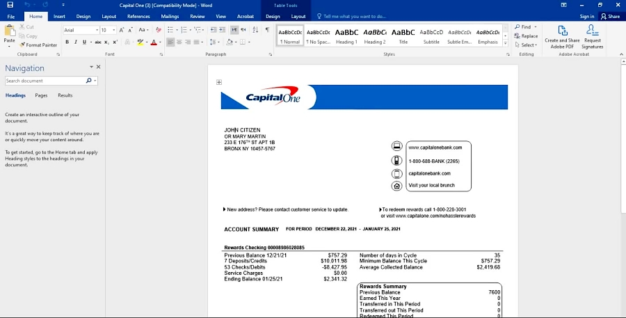 USA CAPITAL ONE BANK STATEMENT TEMPLATE IN WORD AND PDF FORMAT, VERSION 4