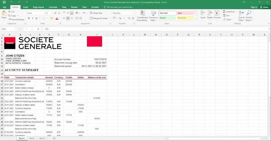 FRANCE SOCIÉTÉ GÉNÉRALE BANK STATEMENT TEMPLATE IN EXCEL AND PDF FORMAT