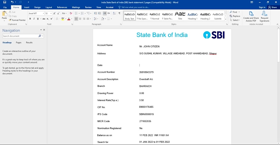 INDIA STATE BANK OF INDIA (SBI) BANK STATEMENT WORD AND PDF TEMPLATE, 2 ...