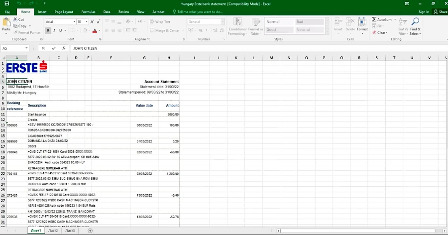 HUNGARY ERSTE BANK STATEMENT EXCEL AND PDF TEMPLATE