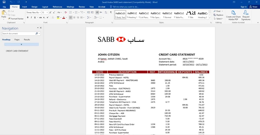 SAUDI ARABIA SABB BANK STATEMENT TEMPLATE IN WORD AND PDF FORMAT
