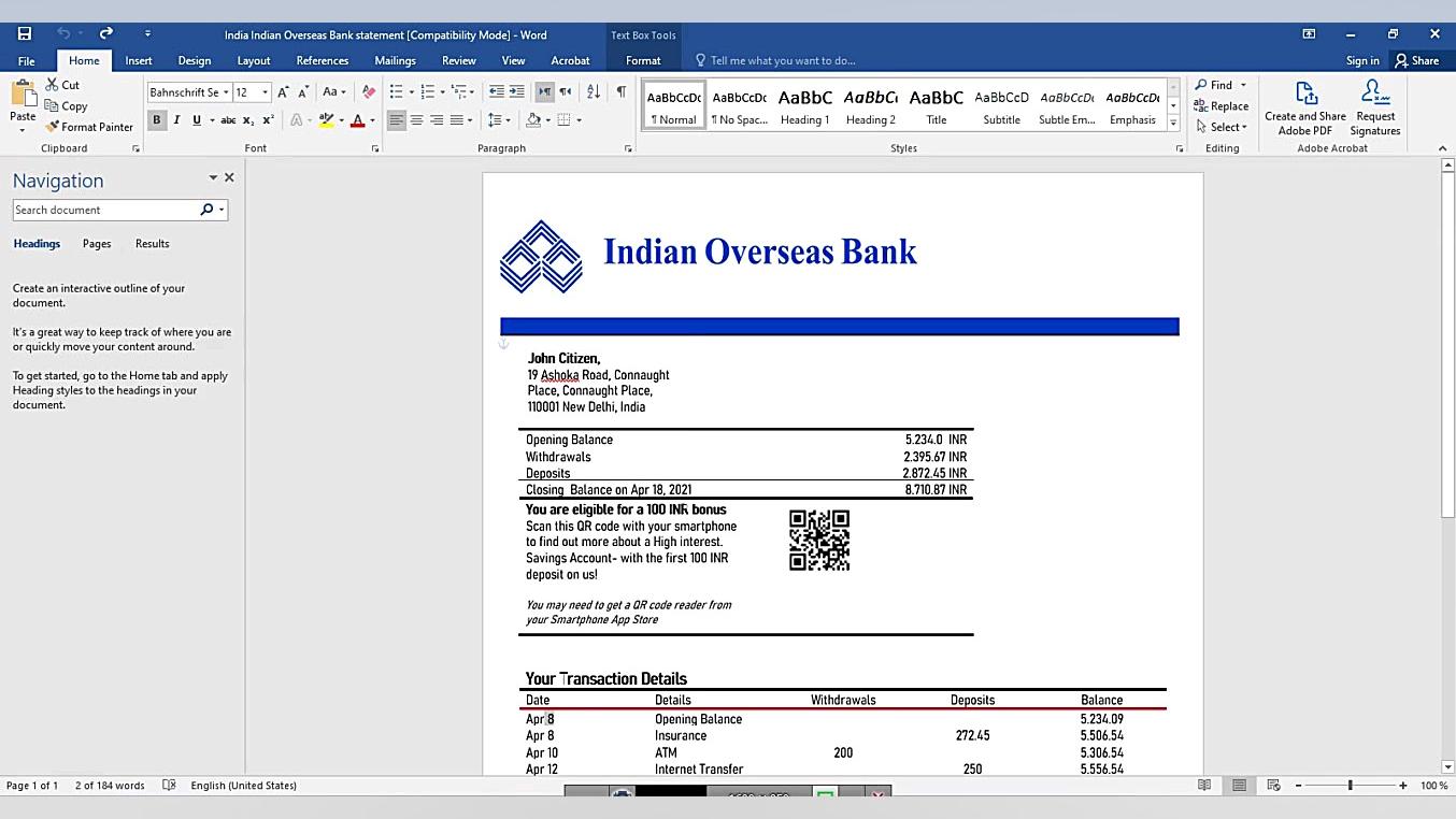 INDIA INDIAN OVERSEAS BANK STATEMENT TEMPLATE IN WORD AND PD