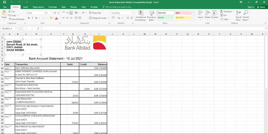 SAUDI ARABIA BANK ALBILAD BANK STATEMENT EASY TO FILL TEMPLATE IN EXCEL AND PDF