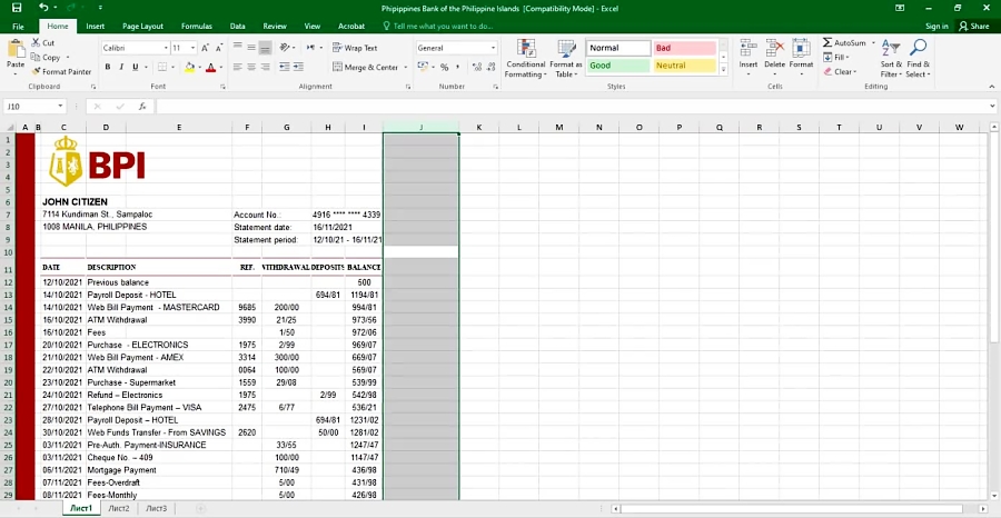 PHILIPPINES BANK OF THE PHILIPPINE BANK STATEMENT EASY TO FILL TEMPLATE IN EXCEL