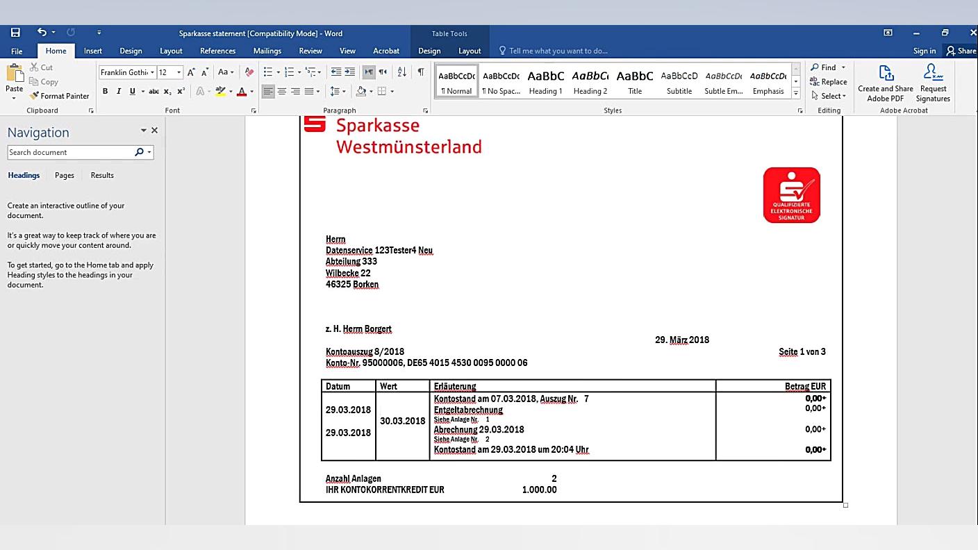 GERMANY SPARKASSE WESTMUNSTERLAND PROOF OF ADDRESS BANK STATEMENT