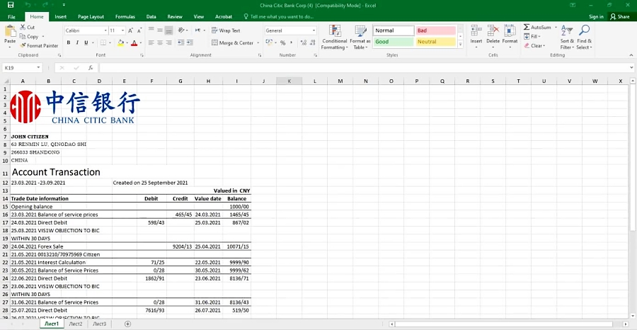 CHINA CITIC BANK CORP BANK STATEMENT EASY TO FILL TEMPLATE