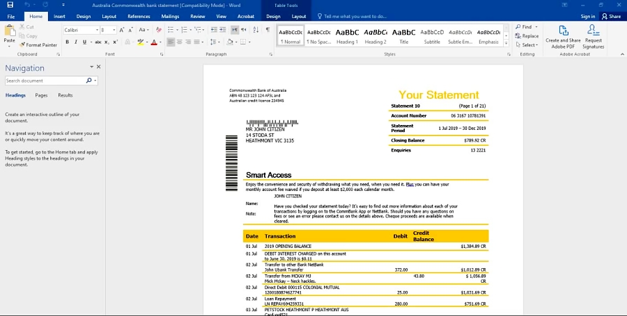 AUSTRALIA COMMONWEALTH BANK STATEMENT TEMPLATE IN WORD AND PDF FORMAT
