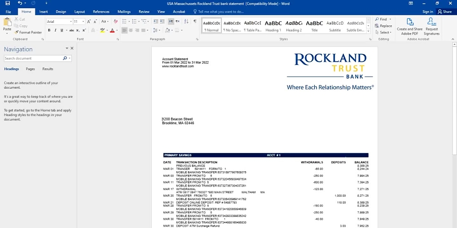 USA MASSACHUSETTS ROCKLAND TRUST BANK STATEMENT WORD AND PDF TEMPLATE