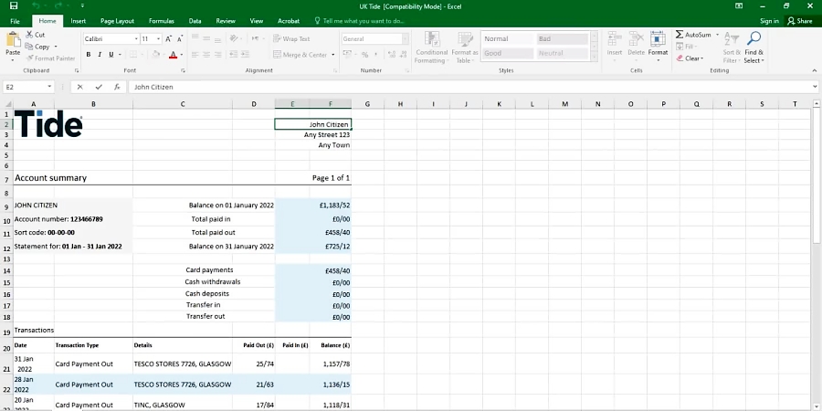 UNITED KINGDOM TIDE BANK STATEMENT, EXCEL AND PDF TEMPLATE