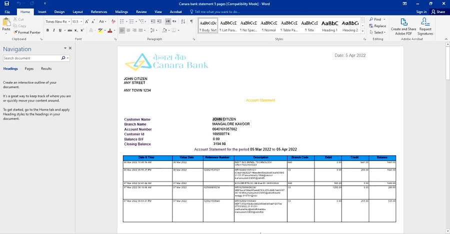 INDIA CANARA BANK STATEMENT, WORD AND PDF TEMPLATE, 5 PAGES
