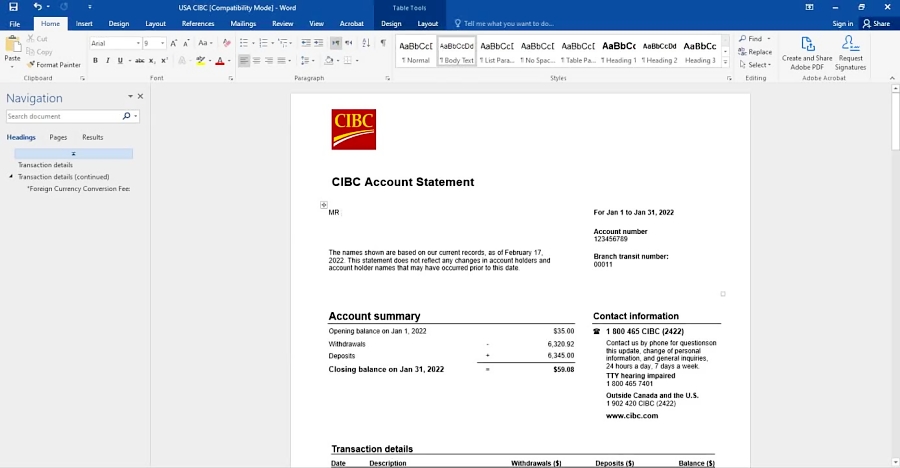 USA CIBC BANK STATEMENT, WORD AND PDF TEMPLATE, 4 PAGES