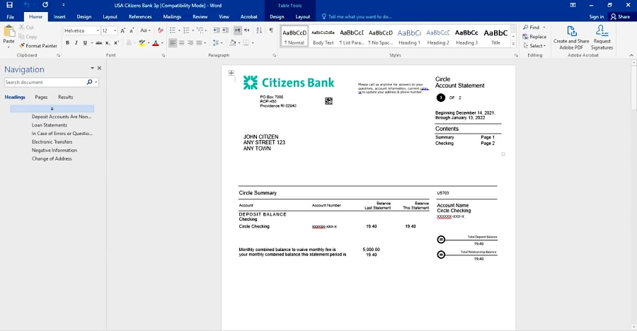 USA CITIZENS BANK STATEMENT, WORD AND PDF TEMPLATE, 4 PAGES