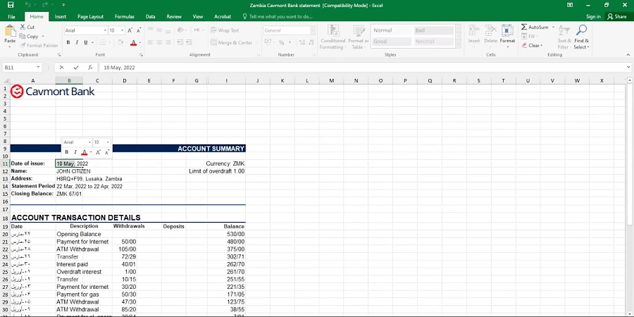 ZAMBIA CAVMONT BANK STATEMENT, EXCEL AND PDF TEMPLATE