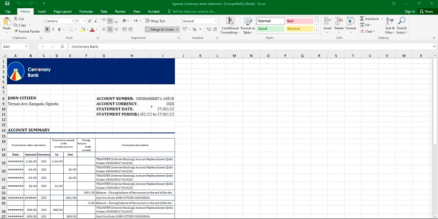UGANDA CENTENARY BANK STATEMENT, EXCEL AND PDF TEMPLATE