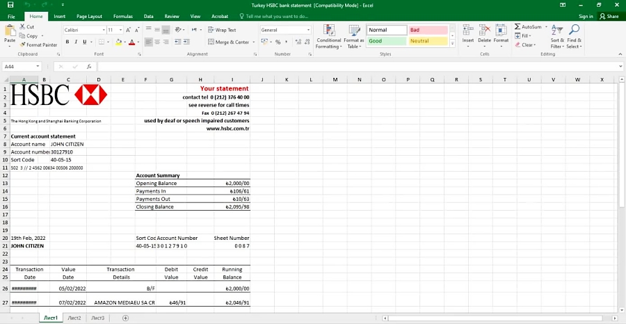 TURKEY HSBC BANK STATEMENT, EXCEL AND PDF TEMPLATE